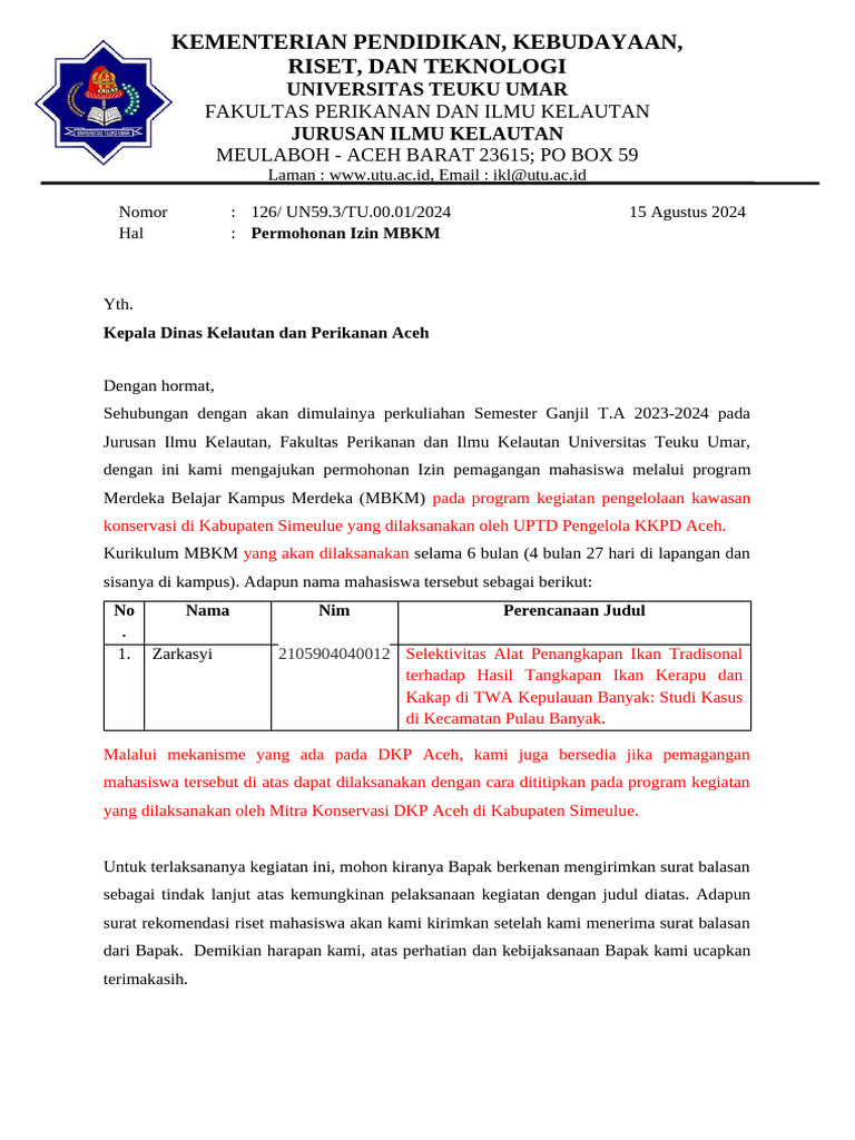 ! Contoh Surat Izin MBKM Riset | PDF