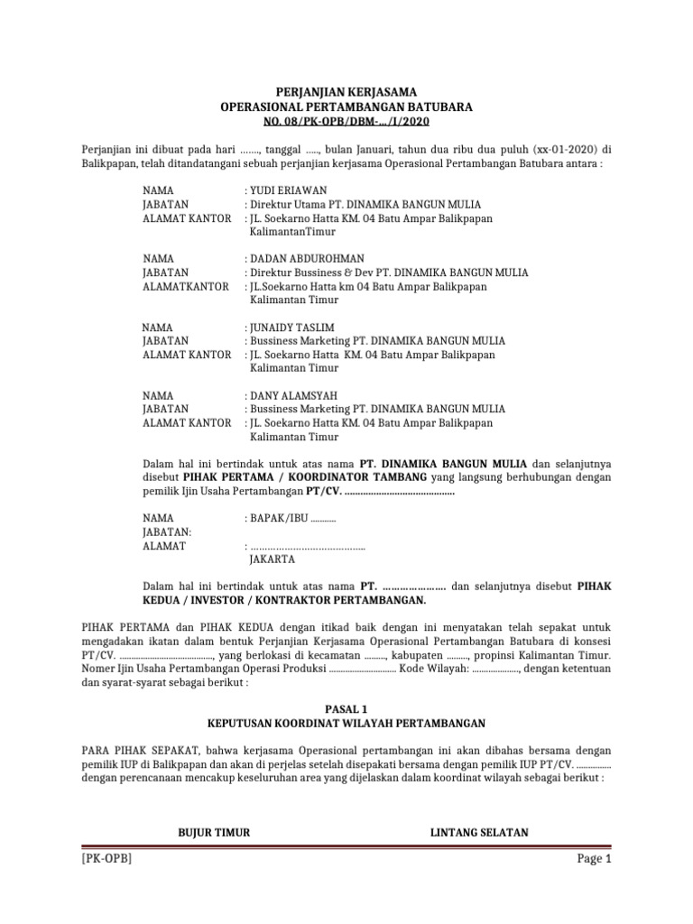 Perjanjian Kerjasama Tambang Batubara | PDF