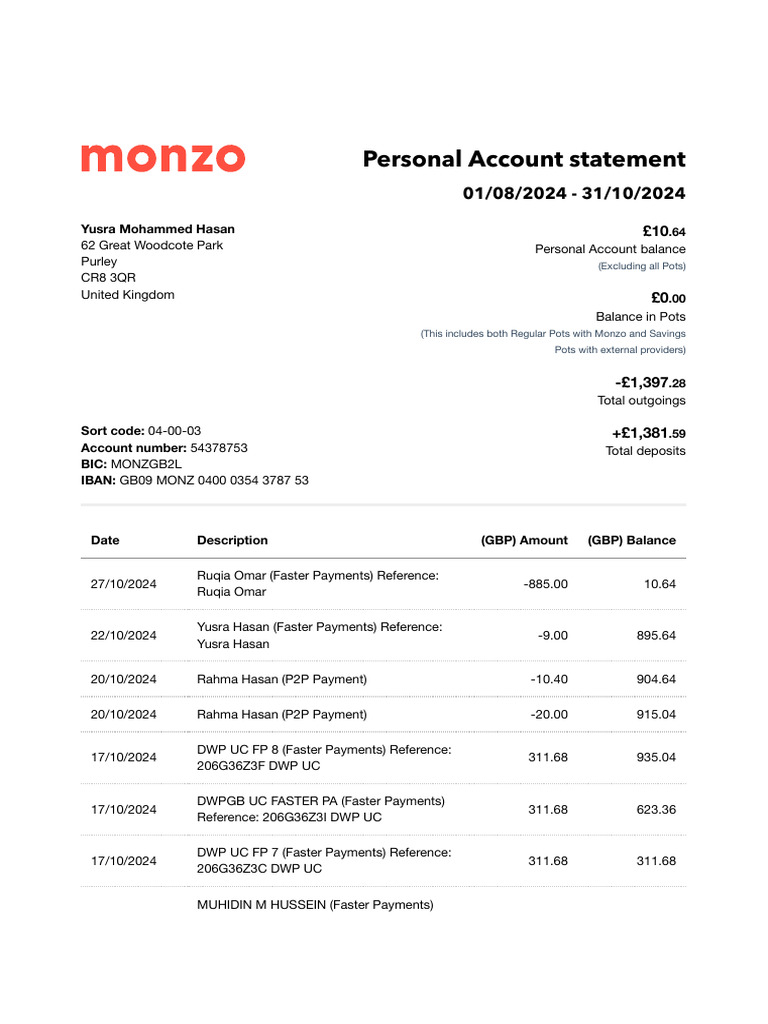 Monzo - Bank - Statement - 2024 08 01 2024 10 31 - 5700 | PDF | Banking ...