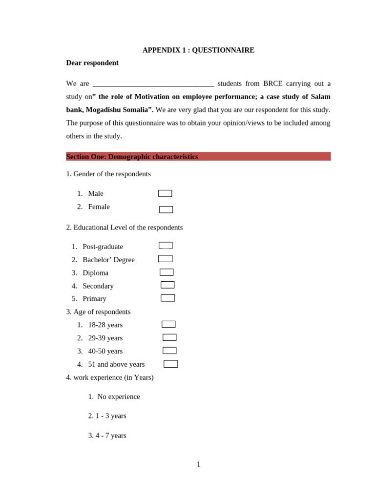 Questionaire Motivation and Employee Performance | PDF | Incentive ...