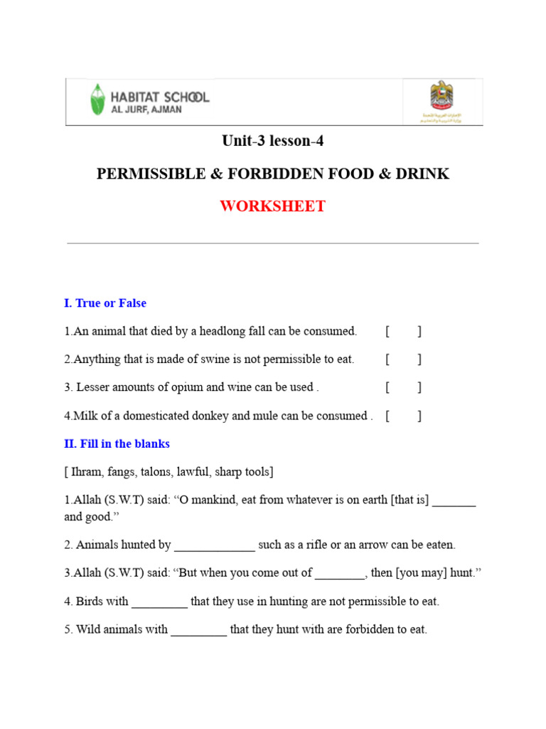 G9 - Permissible & Forbidden Food & Drink - Worksheet | PDF