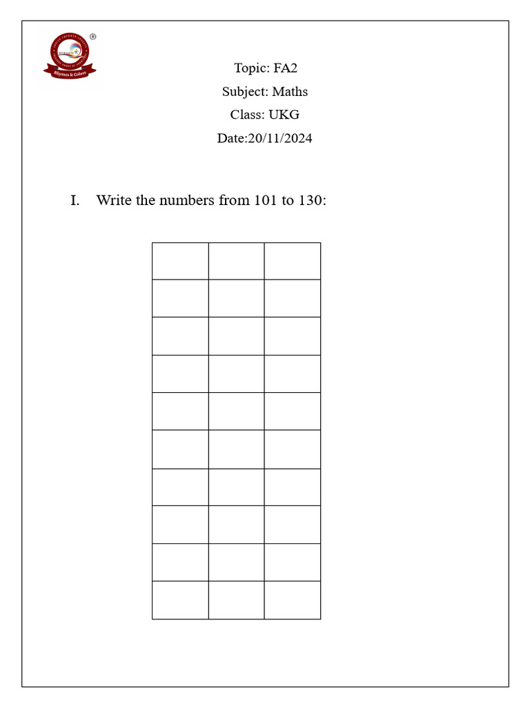UKG Maths FA2 Question Paper | PDF