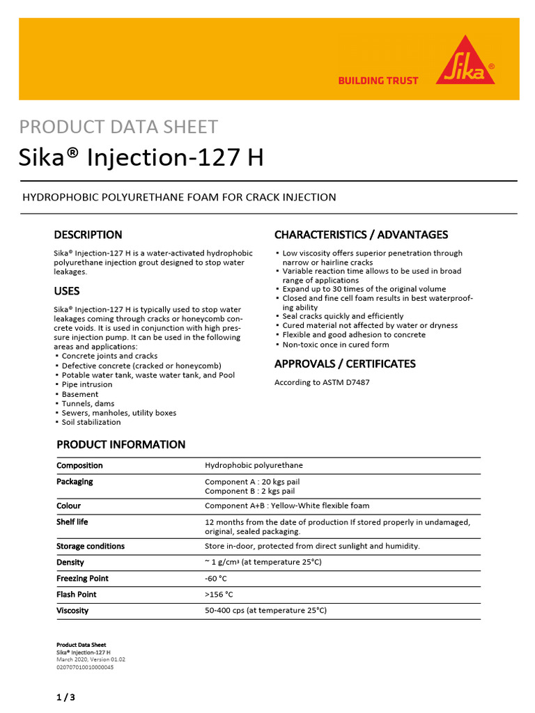 Sika Injection-127h | PDF | Concrete | Polyurethane