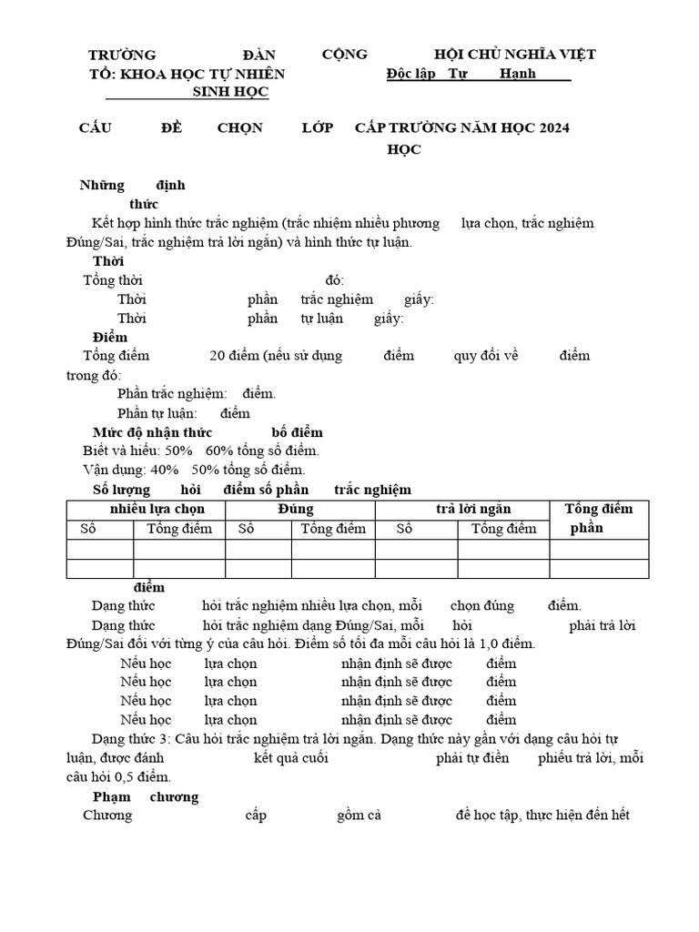 CẤU TRÚC ĐỀ THI CHỌN HSG 11 CẤP TRƯỜNG NĂM HỌC 2024 - 2025- MÔN SINH HỌC | PDF
