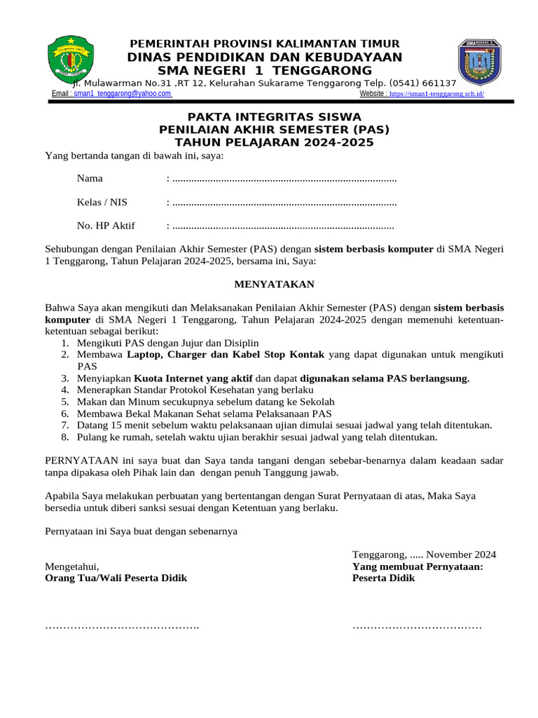 Pakta Integritas Siswa (A4) | PDF