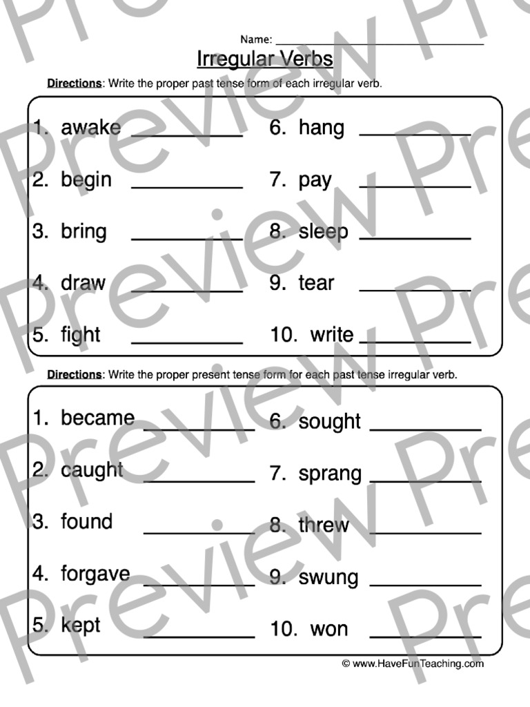 Irregular Verbs Worksheet 2 Preview | PDF