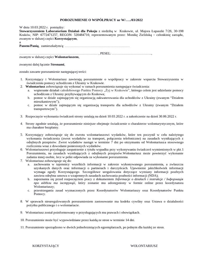 Porozumienie Wolontariackie - R3 | PDF