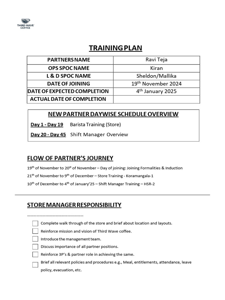 SHIFT MANAGER TRAINING PLAN - RAVI TEJA | PDF | Drink | Coffee SHIFT MANAGER TRAINING PLAN - RAVI TEJA | PDF | Drink | Coffee