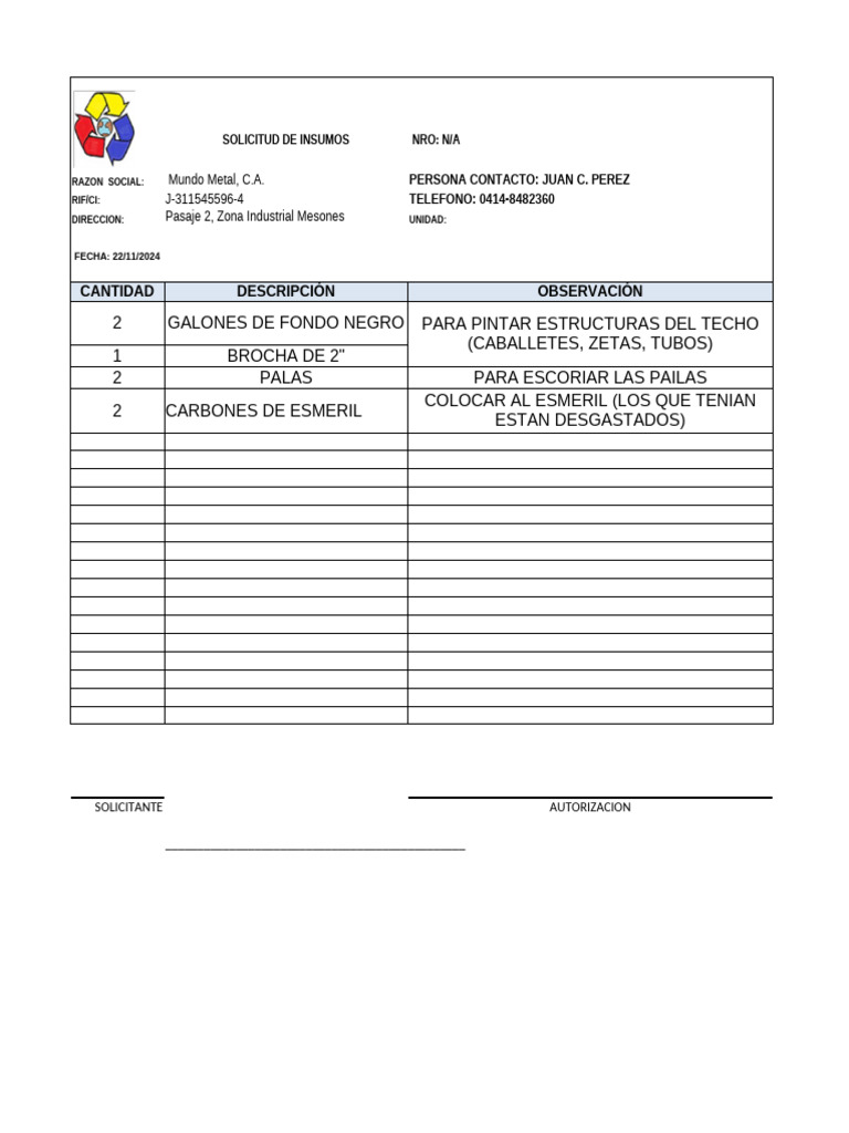 Solicitud de Insumos y Servicios | PDF | Átomos | Rieles