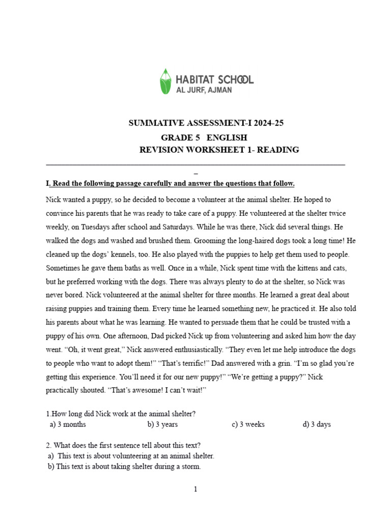 Eng-Reading Sa1 Revision Worksheet | PDF | Subspecies Of Canis Lupus | Dogs