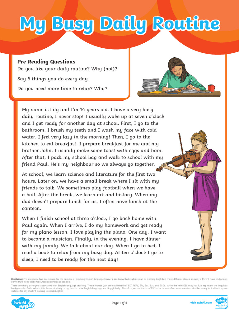 Simple Present Routine Comprehension | PDF | English As A Second Or ...