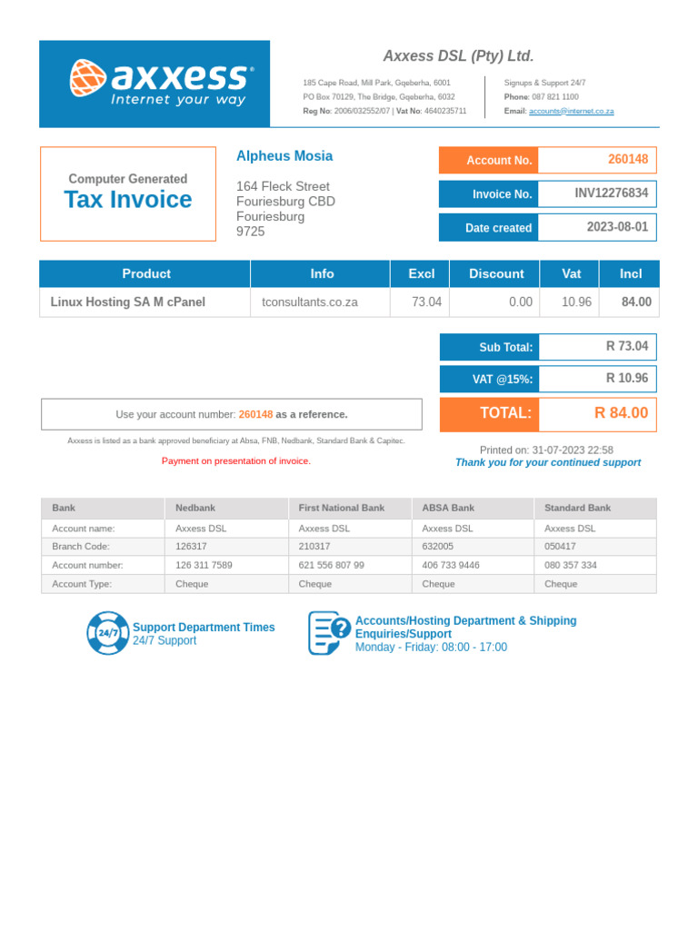 Axxess DSL Tax Invoice for Hosting Services | PDF | Invoice | Banking