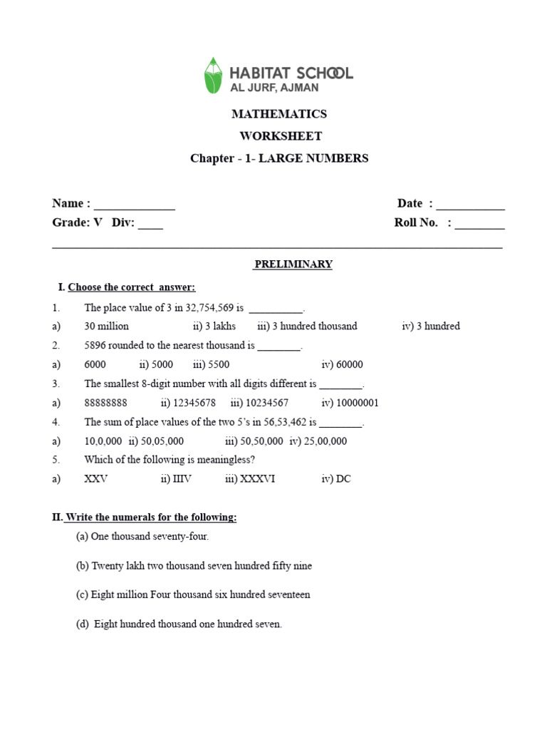 Large Numbers Worksheet for Grade V | PDF | Naming Conventions | Notation