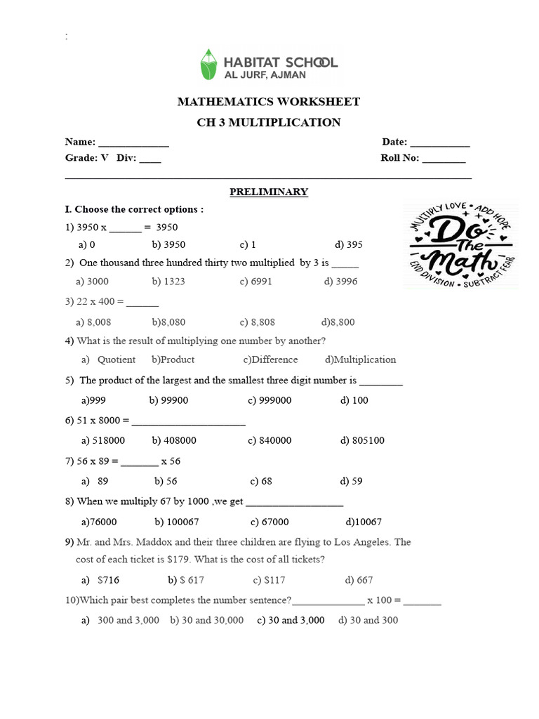 G5-CH-3 Multiplication WS (2024 - 25) | PDF | Arithmetic | Algebra