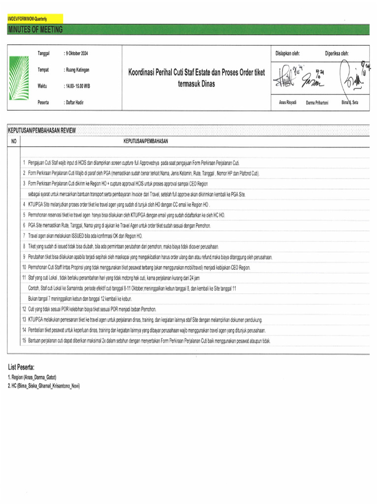 MOM Meeting Order Tiket Cuti Dan Dinas | PDF
