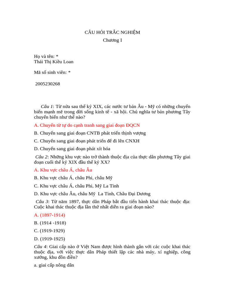 Bai Tap Trac Nghiem Chuong 1 LSDCSVN | PDF