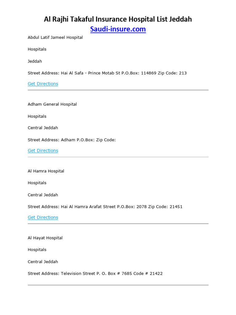 Al Rajhi Takaful Insurance Hospital List in Jeddah | PDF | Saudi Arabia ...