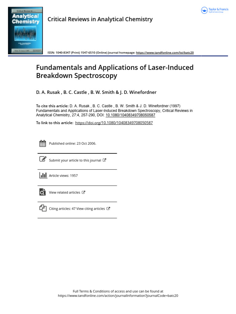 Fundamentals and Applications of Laser Induced Breakdown Spectros | PDF | Laser | Plasma (Physics)