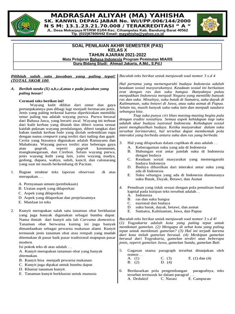 Sample Soal BI X | PDF | Seni & Disiplin Bahasa
