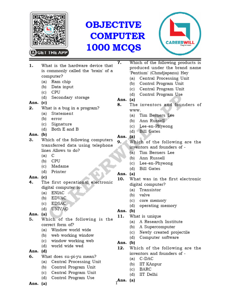 1000 MCQs (English) | PDF | Random Access Memory | Computer Data Storage