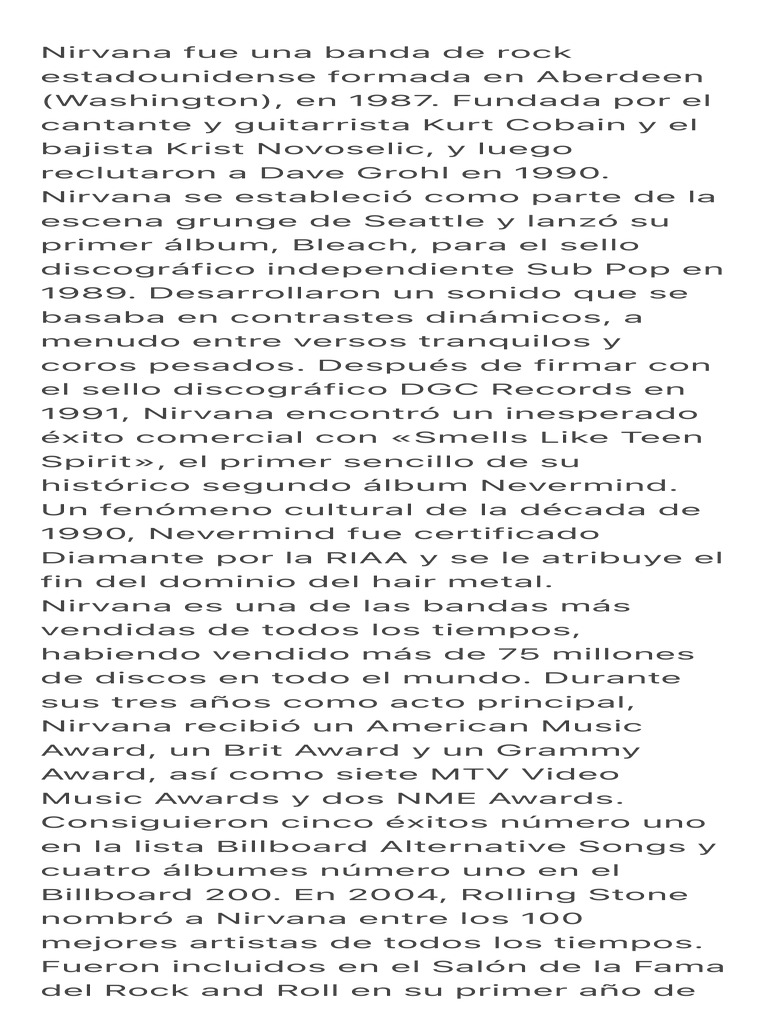 Nirvana Fue Una Banda de Rock Estadounidense Formada en Aberdeen (Washington | PDF