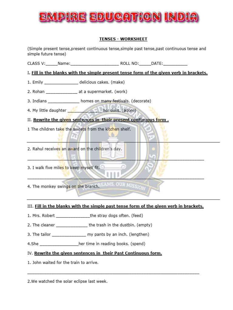 Class 5-English-Tenses Worksheet | PDF | Language Mechanics | Grammar