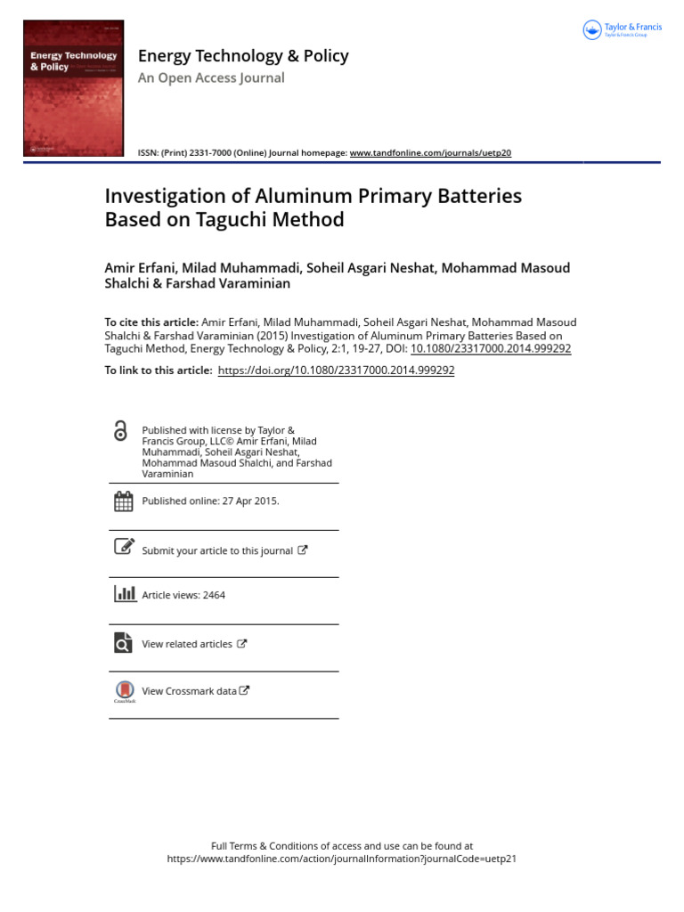 Investigation of Aluminum Primary Batteries Based On Taguchi Method ...