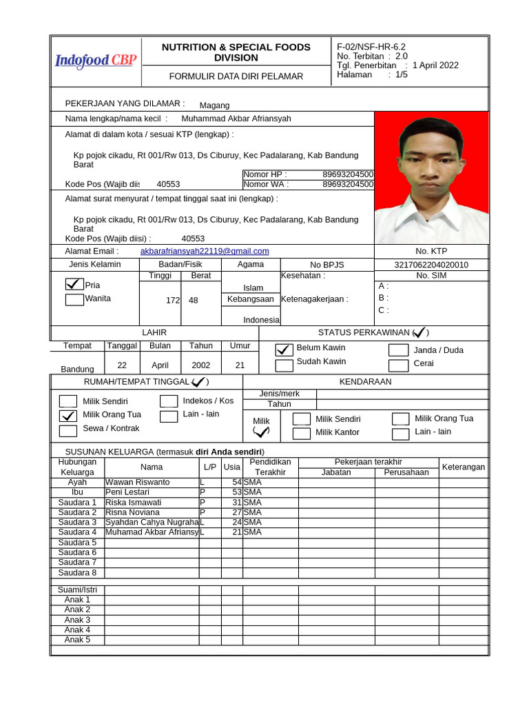 F02 Form Data Diri Pelamar (5 Halaman) | PDF