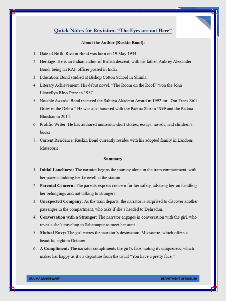 Quick Notes For Revision-The Eyes Are Not Here | PDF