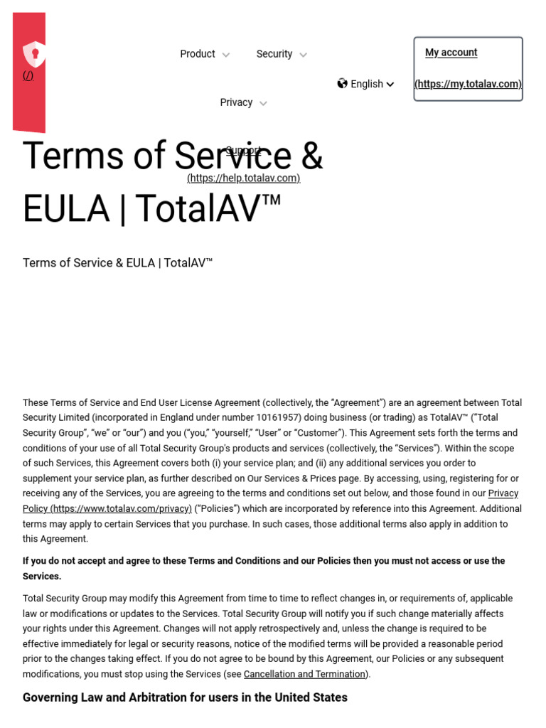 Terms of Service & EULA - TotalAV™ - TotalAV™ | PDF | Arbitration | Indemnity