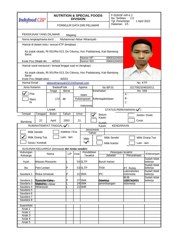 Akbar F02 Form Data Diri Pelamar (5 Halaman) | PDF