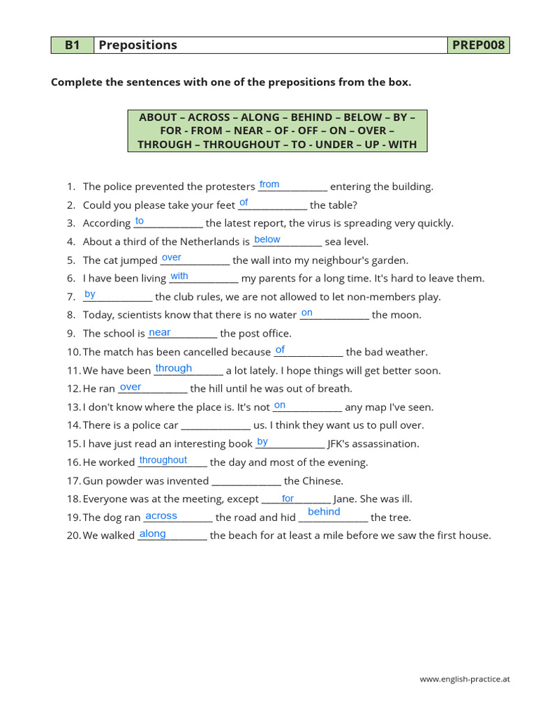 Prepositions With Answer Key Esl Worksheet By Giovanni Prep | PDF