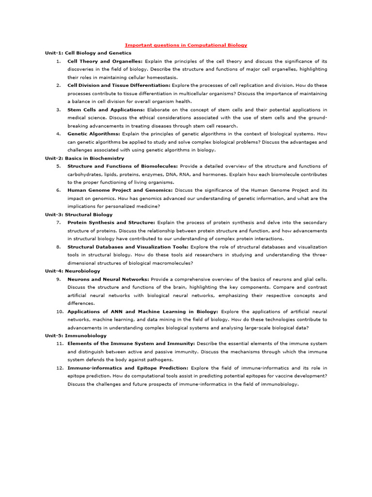 Important Questions in Computational Biology | PDF | Cell (Biology ...