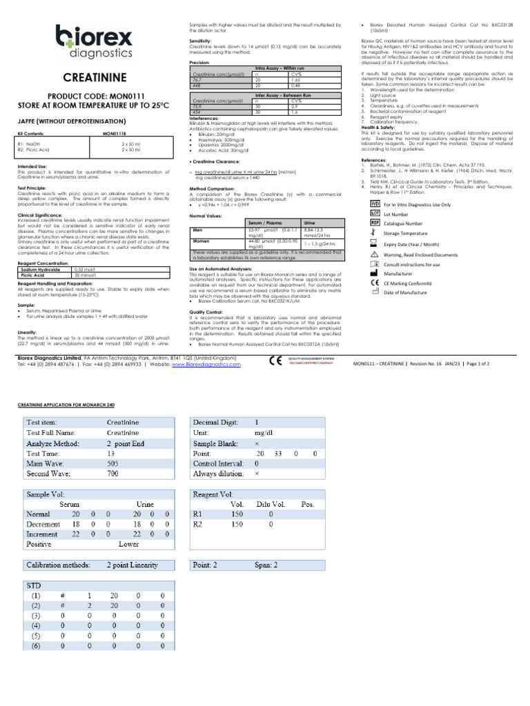 Creatinine Test Kit for Monarch 240 | PDF | Creatinine | Assay