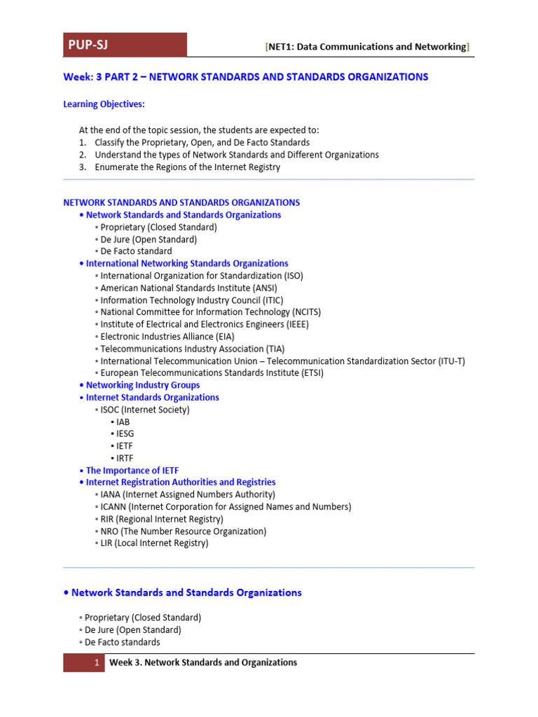 Net 1 W03 Topology and Standards Part 2 of 3 Network Standards ...