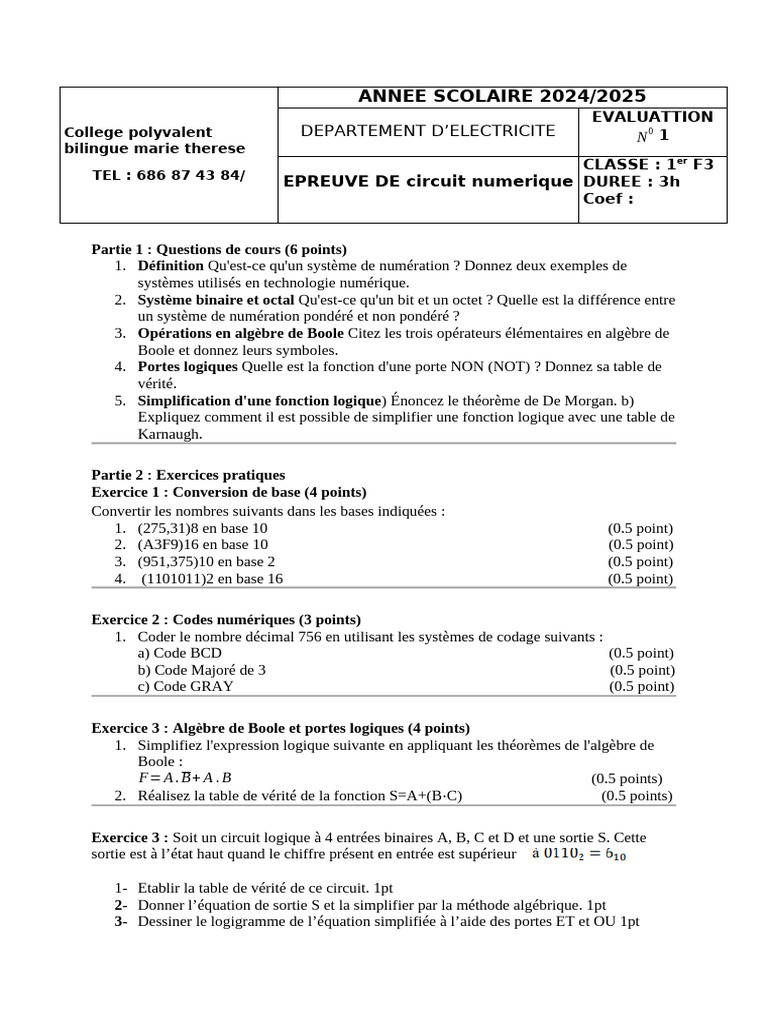 Évaluation Circuit Numérique 1ère F3 | PDF | Mathématiques | Arithmétique