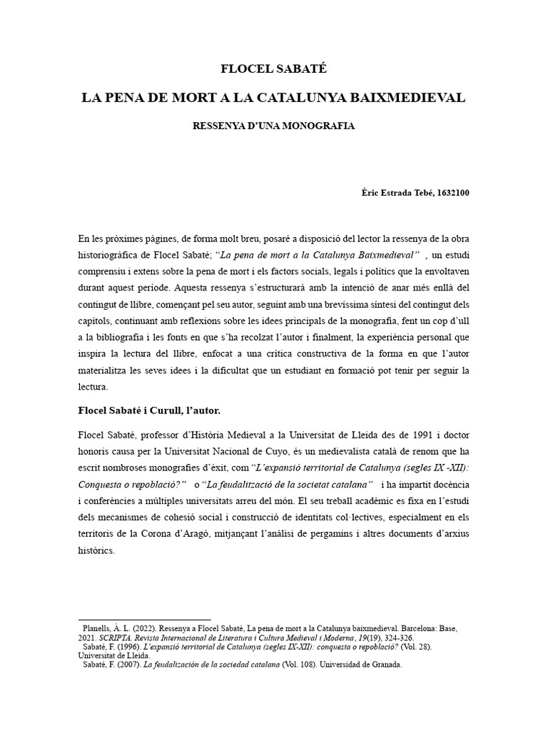 Ressenya Flocel Sabaté, Pena de Mort Baixmedieval | PDF