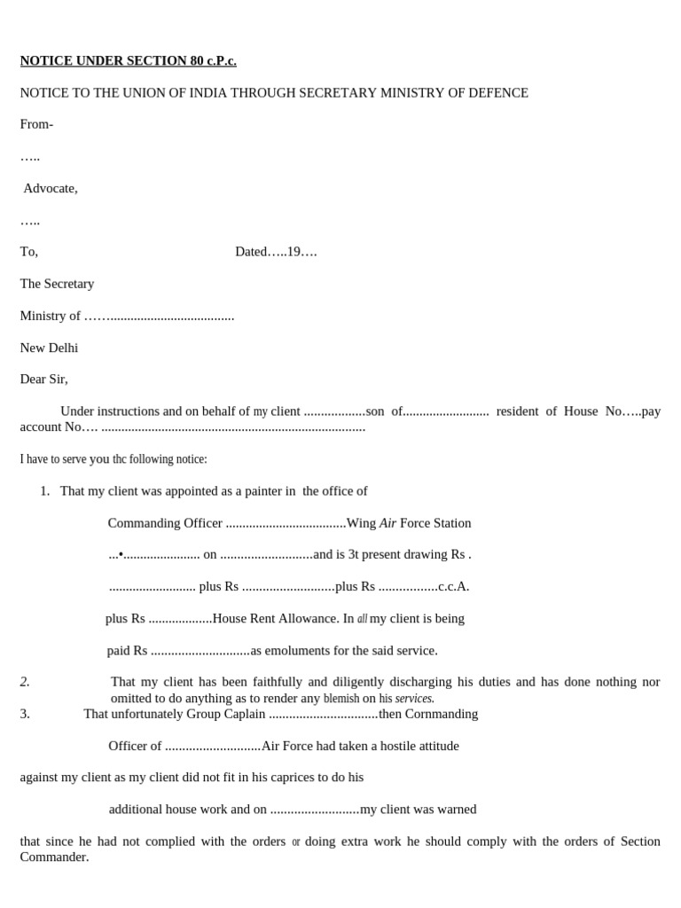 Notice Under Section 80 CPC Format | PDF | Business | Finance & Money ...