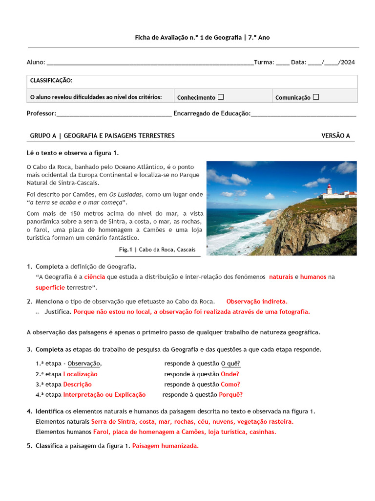 Teste Geografia 7 Ano Paisagens Terrestres e Localizacao Relativa ...