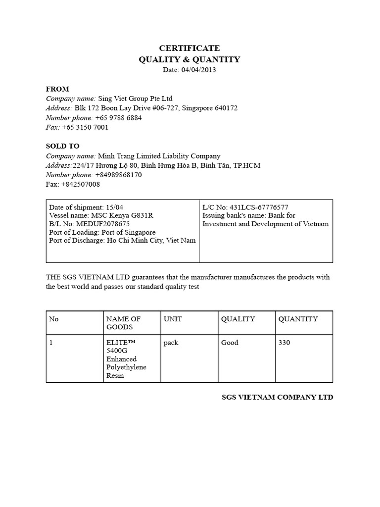 Quality Certificate | PDF