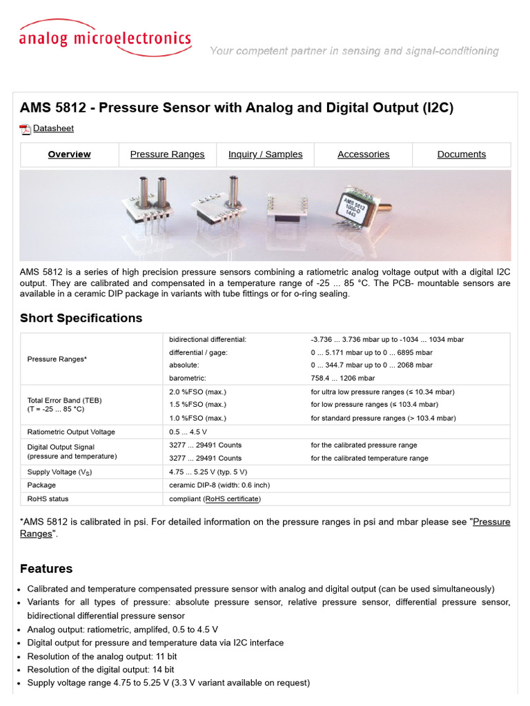 Blowby AMS 5812 - OEM Pressure Sensor With Analog and I2C Output | PDF ...