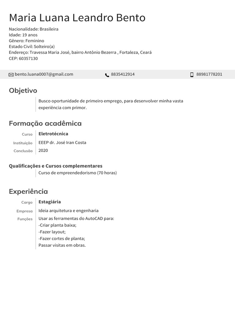 Maria Luana Leandro Bento - Currículo | PDF
