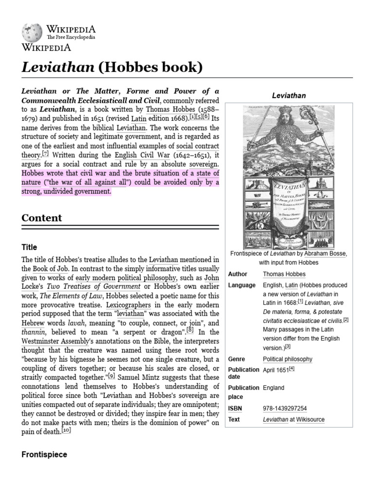 Leviathan (Hobbes Book) - Wikipedia | PDF