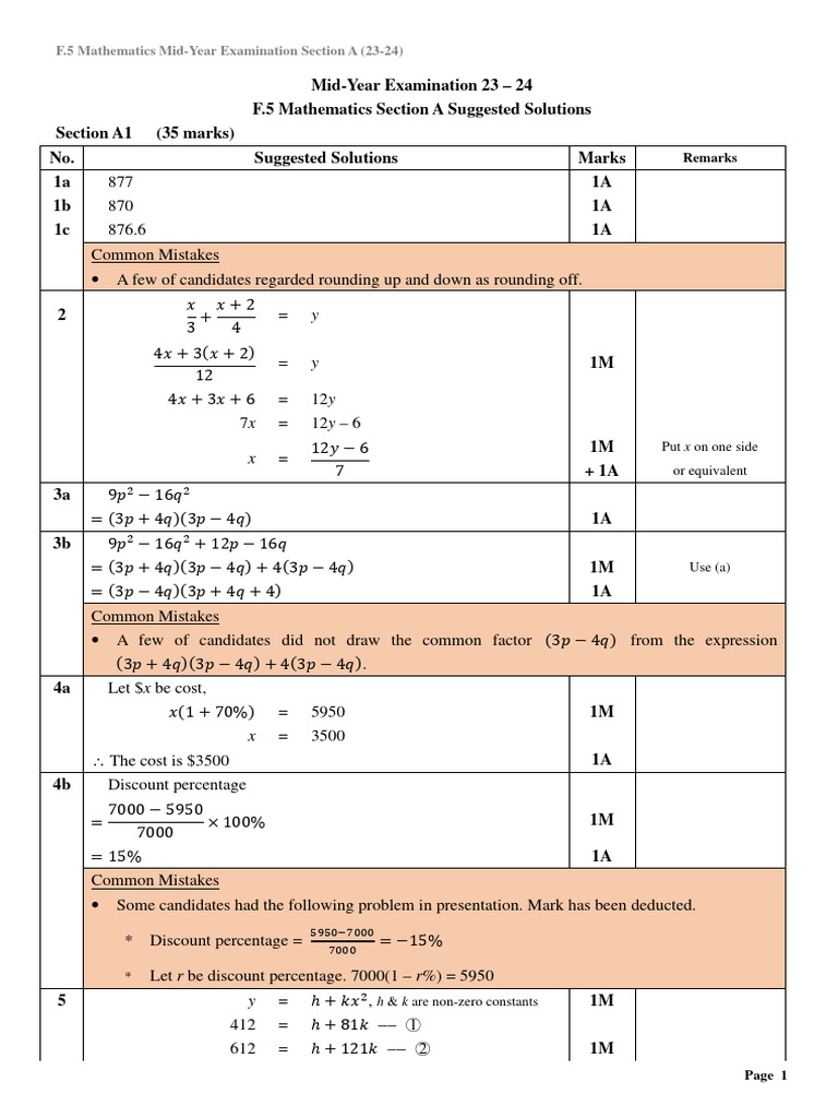 2024-F5 MYE-MATH-1A-Solution | PDF | Elementary Mathematics ...