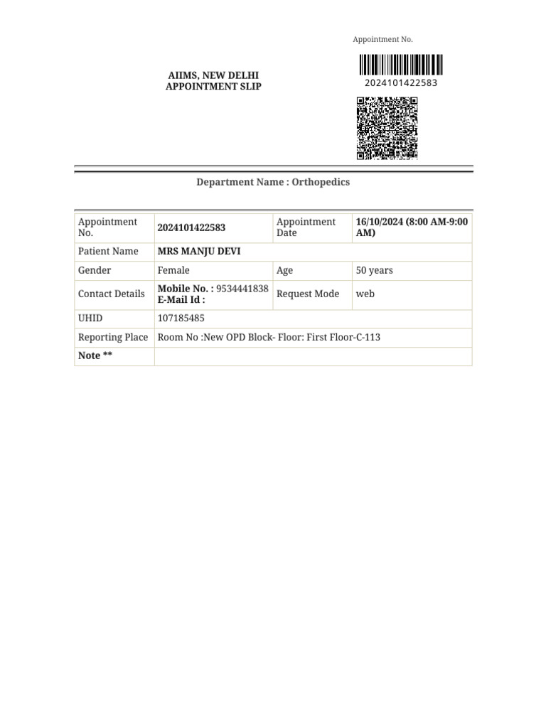 AIIMS Appointment Slip for Mrs. Manju Devi | PDF