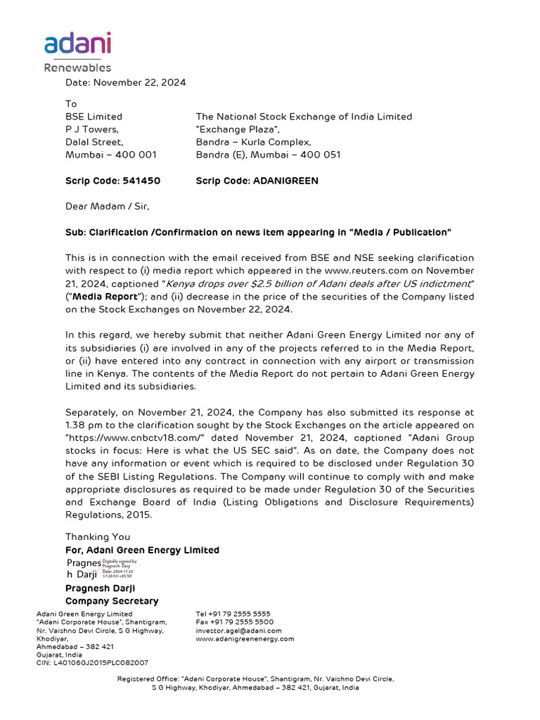 "Exchange Plaza", - : Scrip Code: 541450 Scrip Code: ADANIGREEN | PDF ...