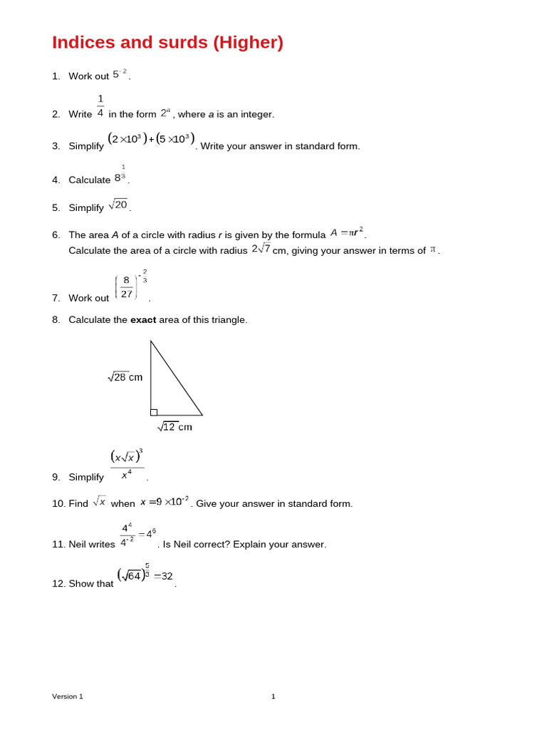 Indices and Surds HW - 1 - 2 | PDF