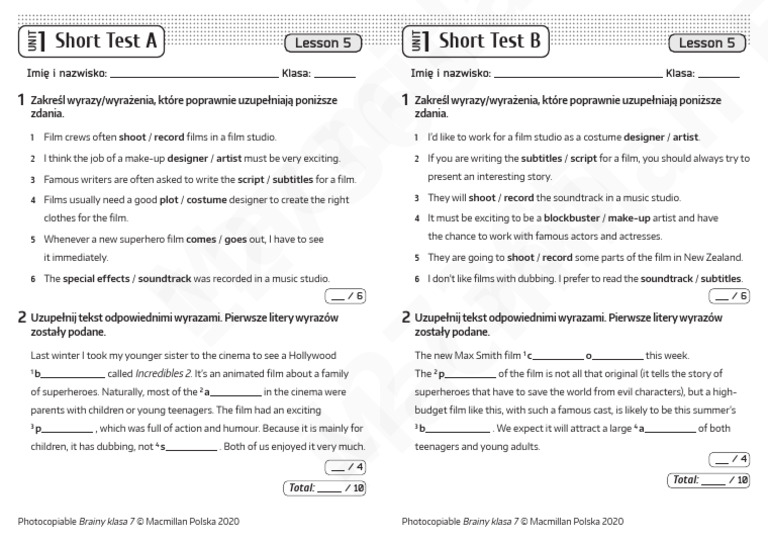 Brainy 7 Unit 1 Lesson 5 Short Test | PDF