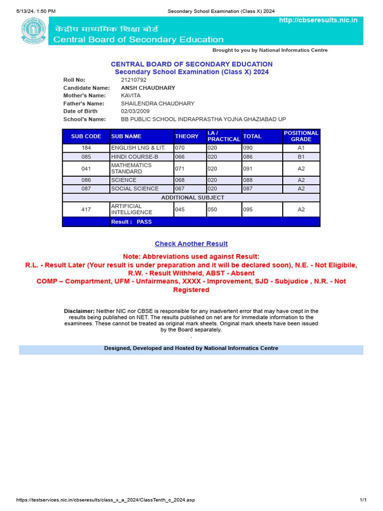 Secondary School Examination (Class X) 2024 ANSH RESULT | PDF | Adolescence | Schools