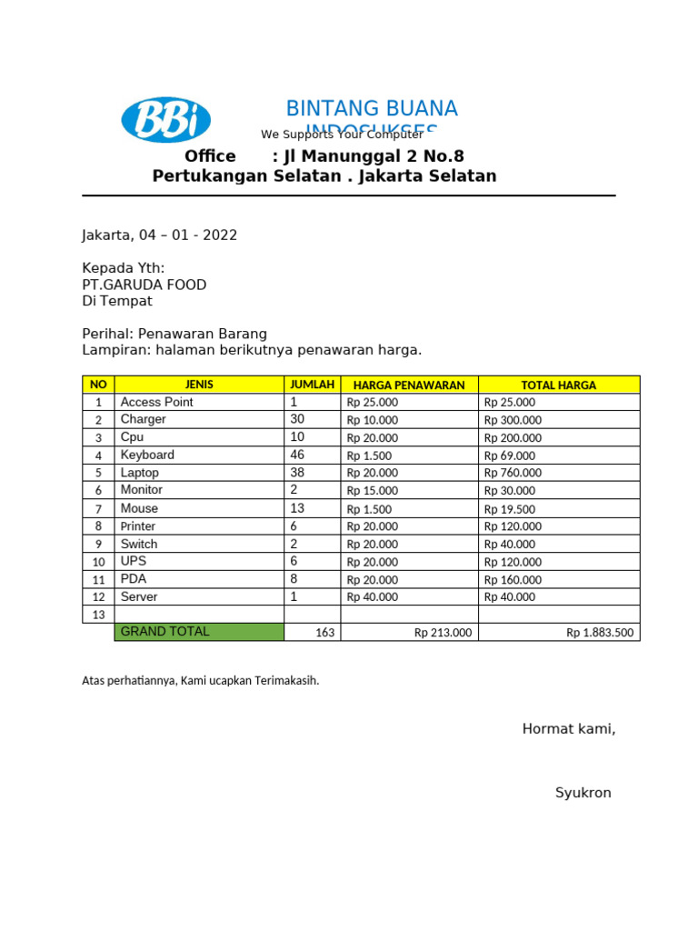 Surat Penawaran Bbi 2022 | PDF
